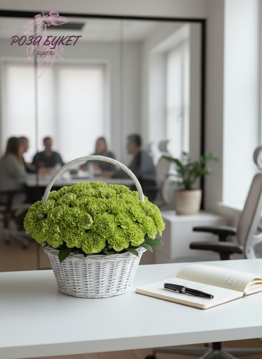 Букет цветов, букет из зеленой гвоздики 51 шт в плетеной белой корзине, премиум, долгий букет, букет в корзине