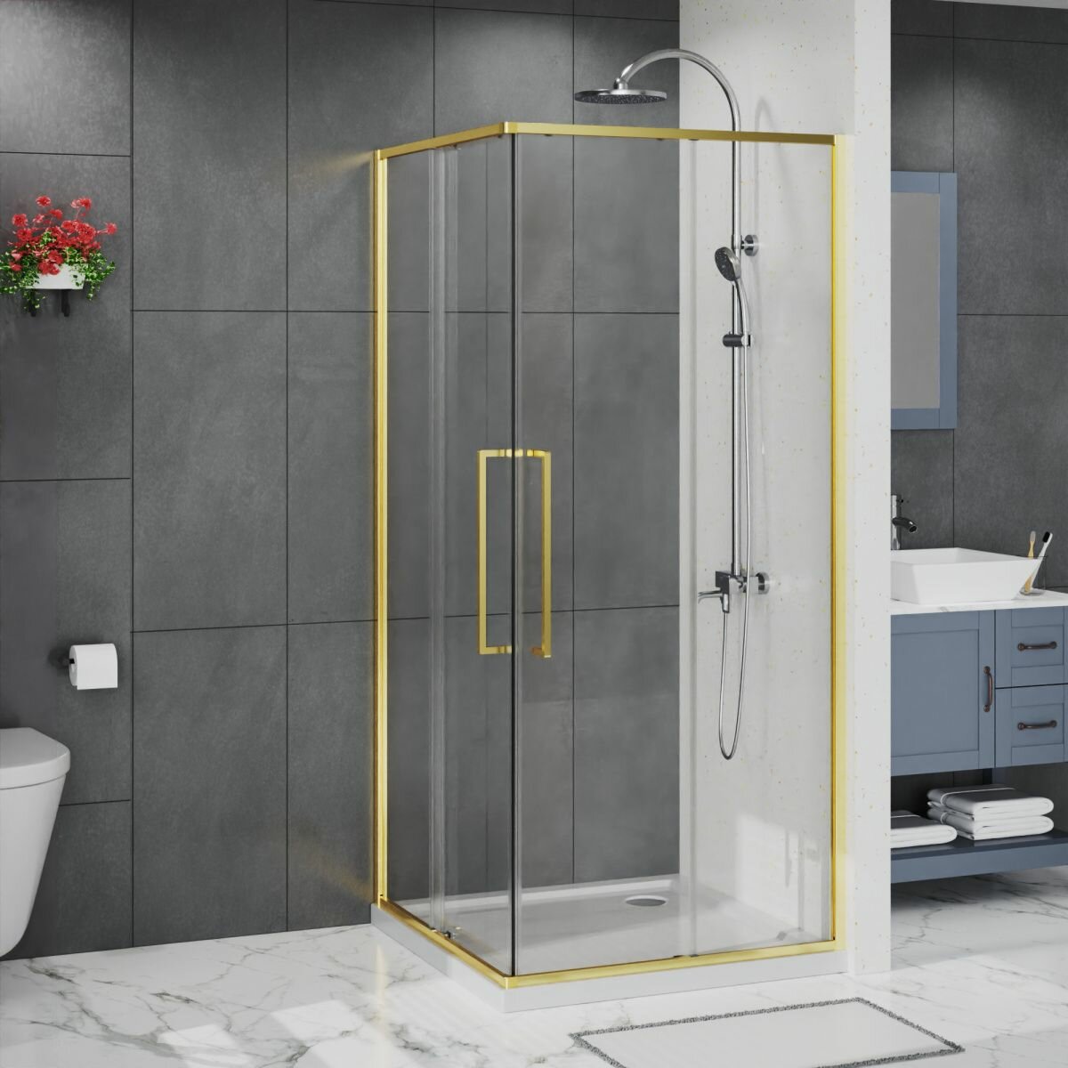 Душевое ограждение Azario SHANGHAI 1000х1000х1950 четверть круга, прозрачное стекло 6 мм, профиль брашированное золото (AZ-R43-100-BGL-CL)