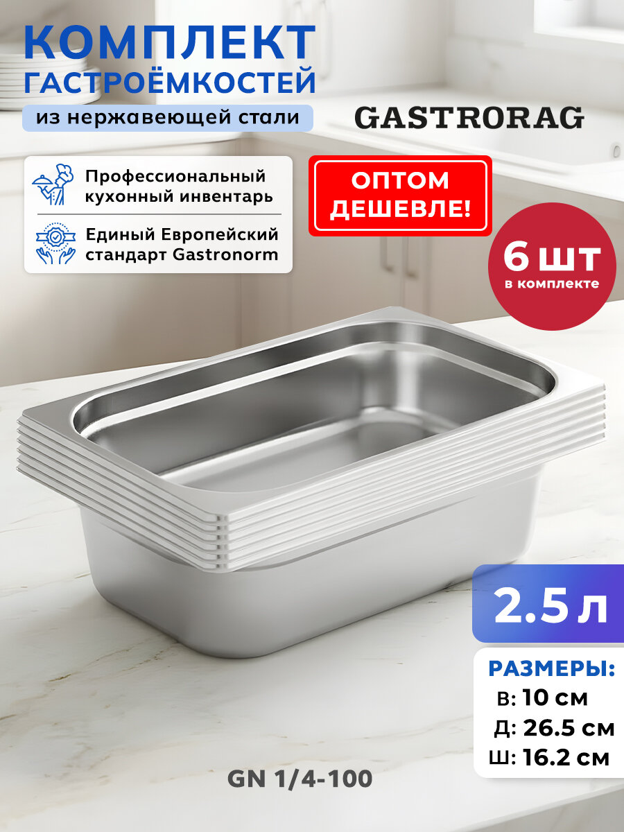 Комплект гастроемкостей Gastrorag GN 1/4-100, нержавеющая сталь, 6 штук