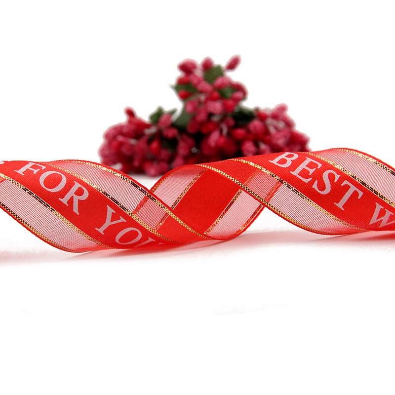 Лента золотая, многоцветная печать, прозрачная, красная