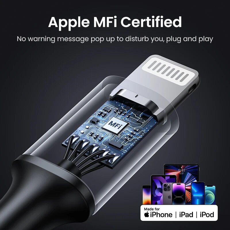 UGREEN MFI Lightning кабель, 0.5м, серебряный, плетеное исполнение — фото 1