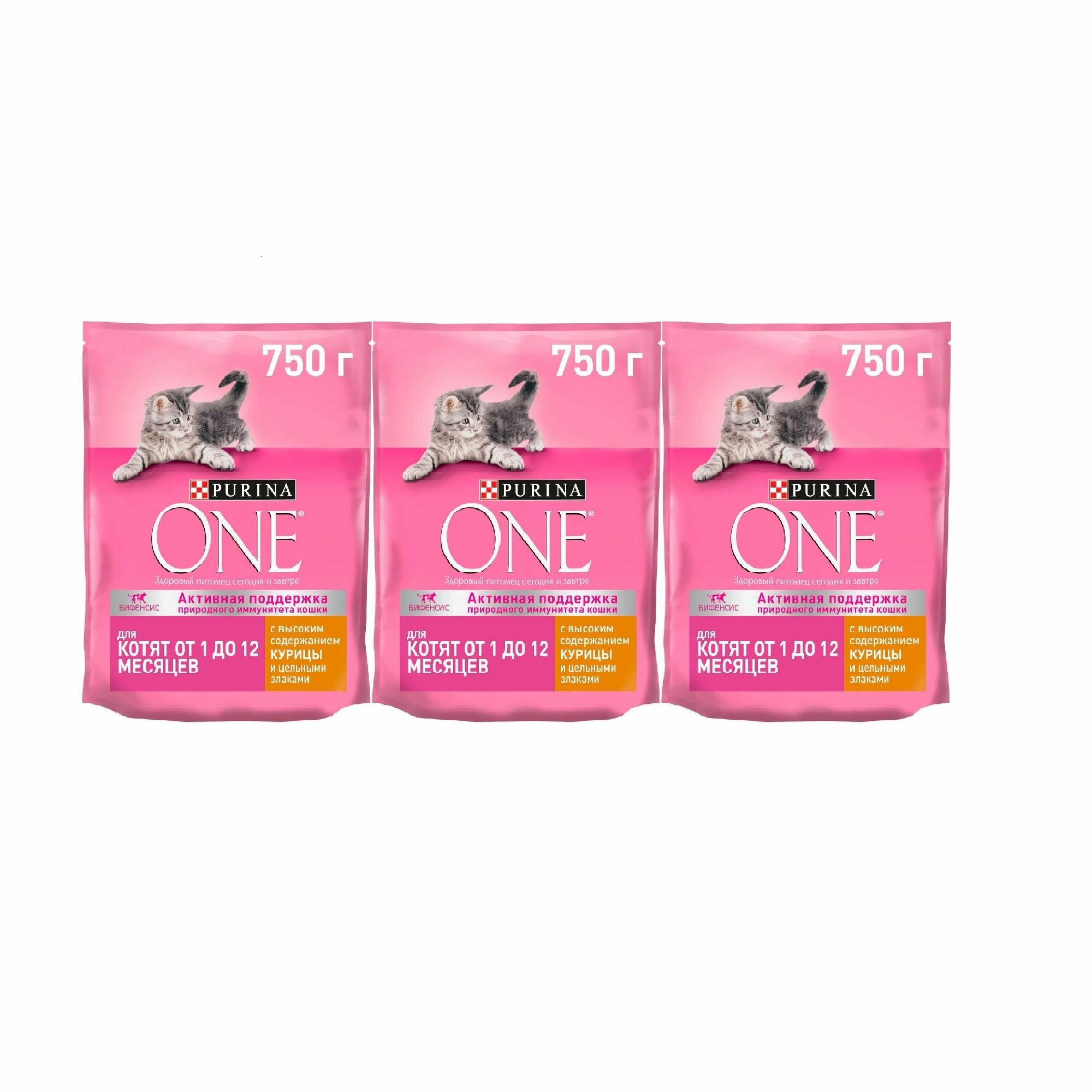 Purina ONE Сухой корм для котят, с высоким содержанием курицы и цельными злаками, 750 гр, 3 уп