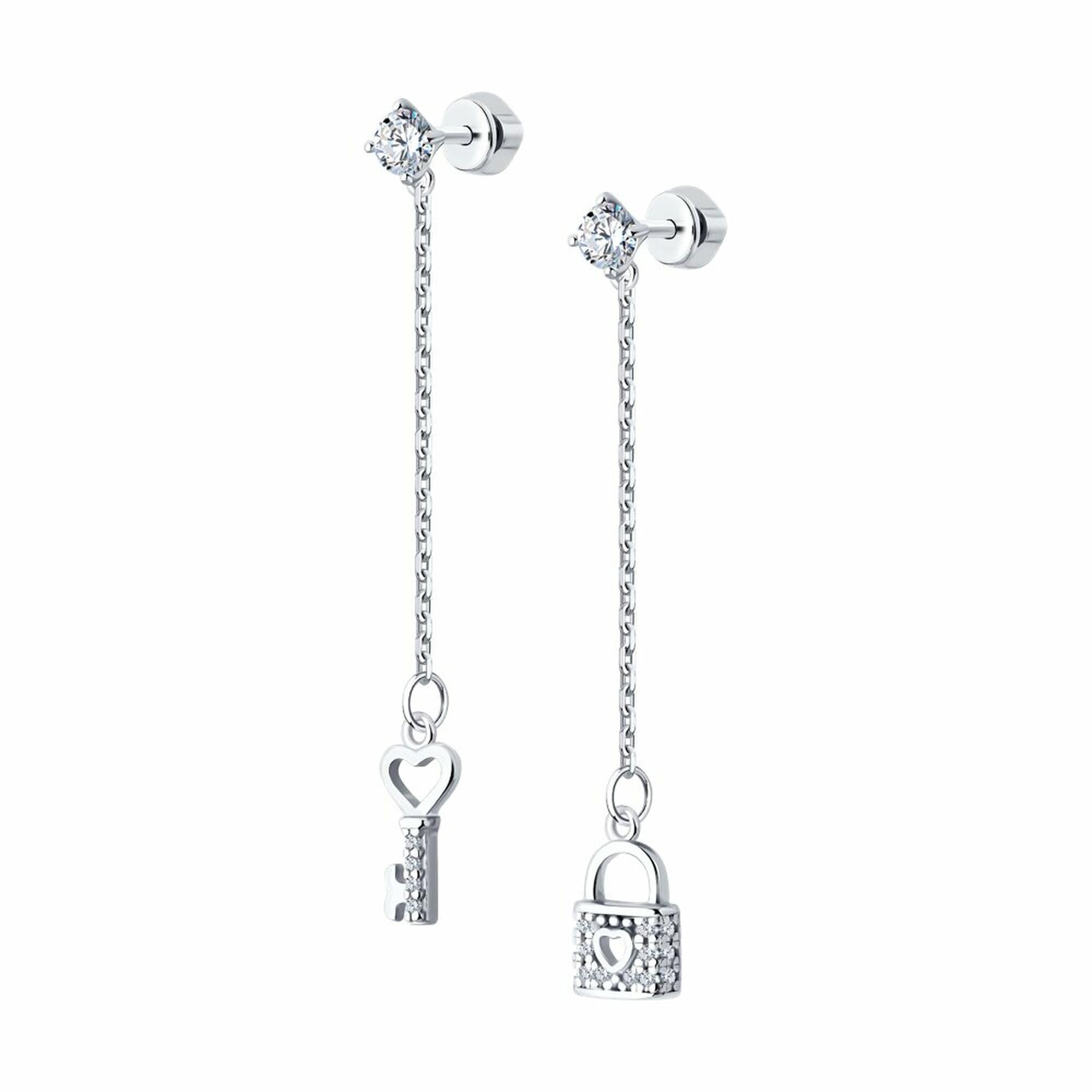 Серьги цепочки, серебро, 925 проба, родирование, фианит