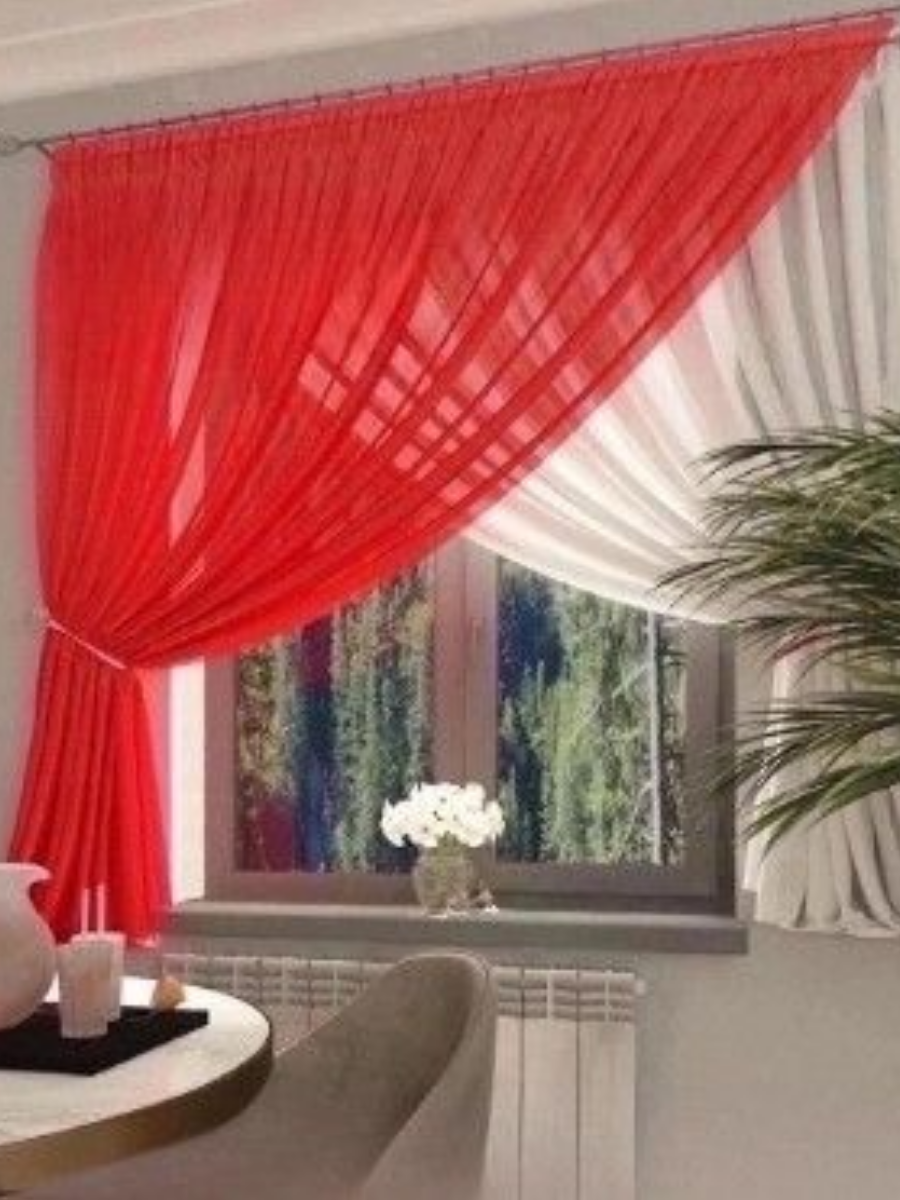 Шторы, вуаль, для кухни, 3x1.7 м, прозрачные, крепление лентой, красные