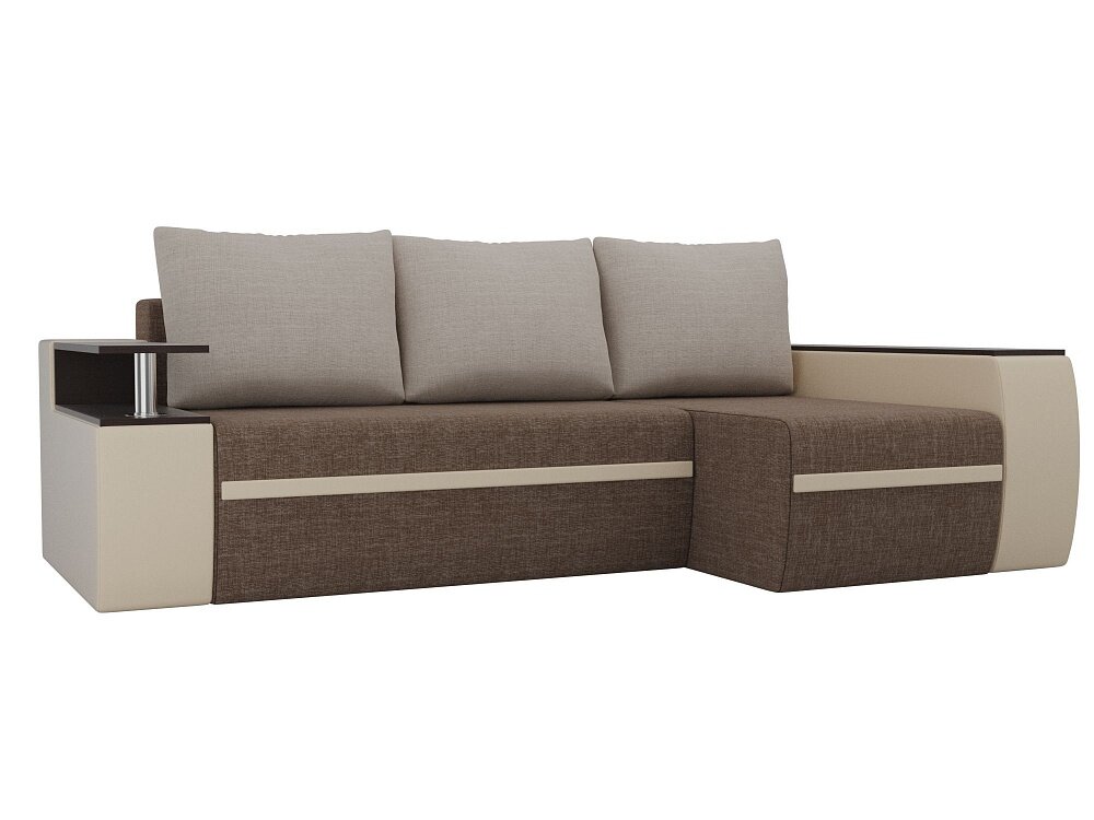 Угловой диван Майами Бежево-Коричневый Экокожа Рогожка, еврокнижка, 247х150х74 см, с ящиком для белья