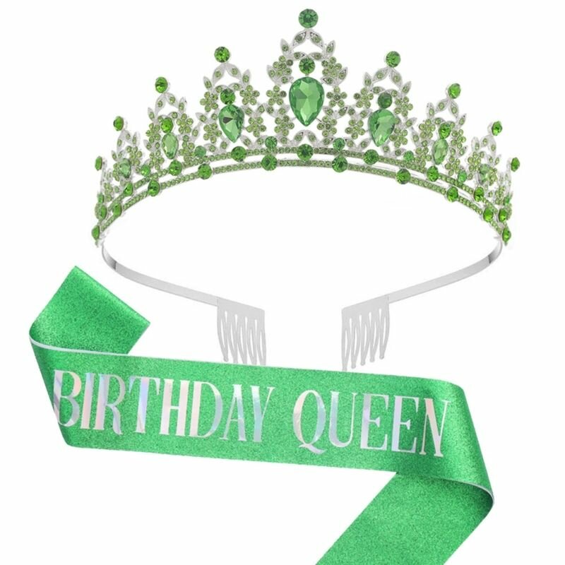 Набор Наплечных Ремней с короной для Вечеринки по случаю Дня Рождения-Светло-Зеленые Бриллианты на серебристом фоне