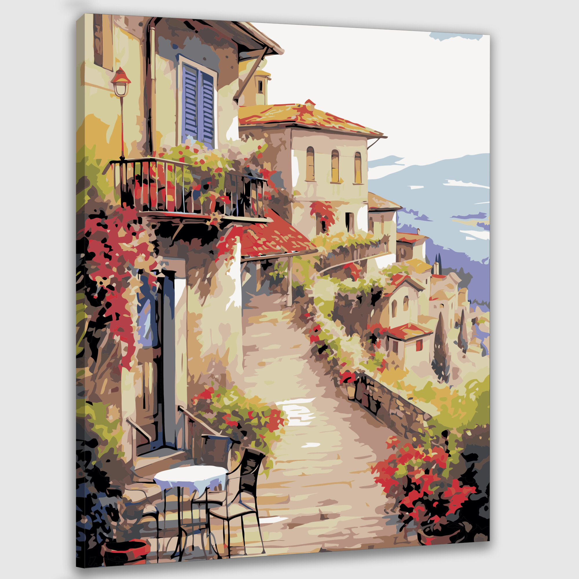 Картина по номерам 40x50 см, акварельная иллюстрация, итальянская деревня, холмы, виноградники, мощеные улочки