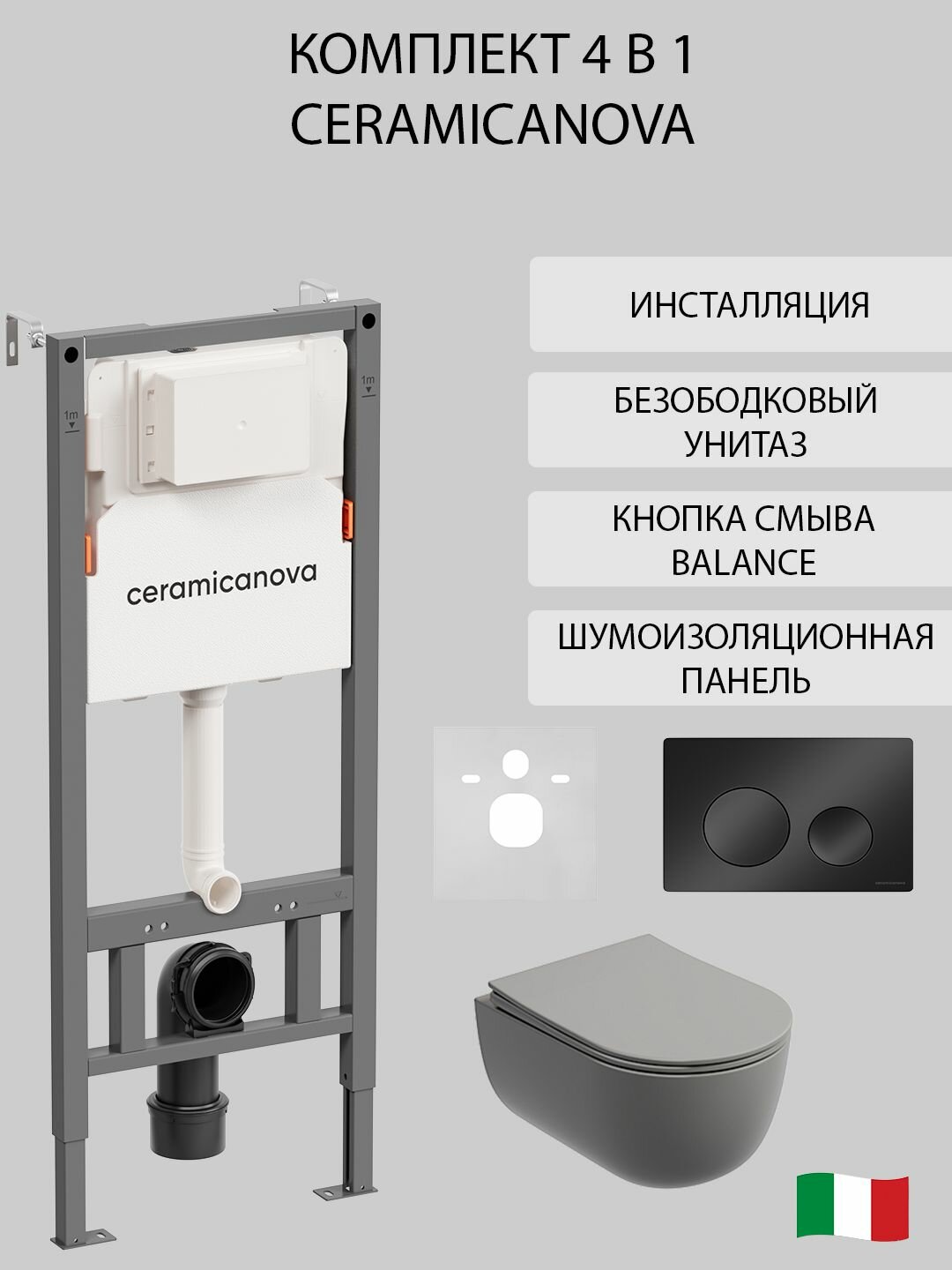 Комплект 4 в 1 Ceramicanova инсталляция с унитазом Modena, с круглой кнопкой Balance черный матовый
