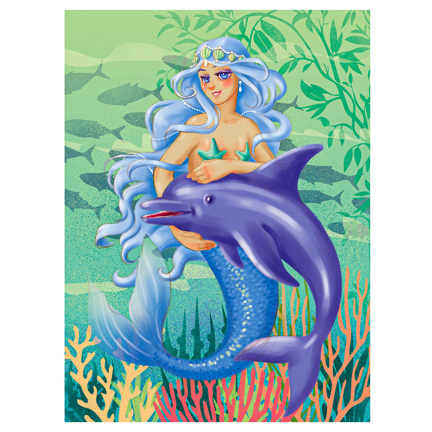 Алмазная мозаика Рыжий кот Русалка с дельфином