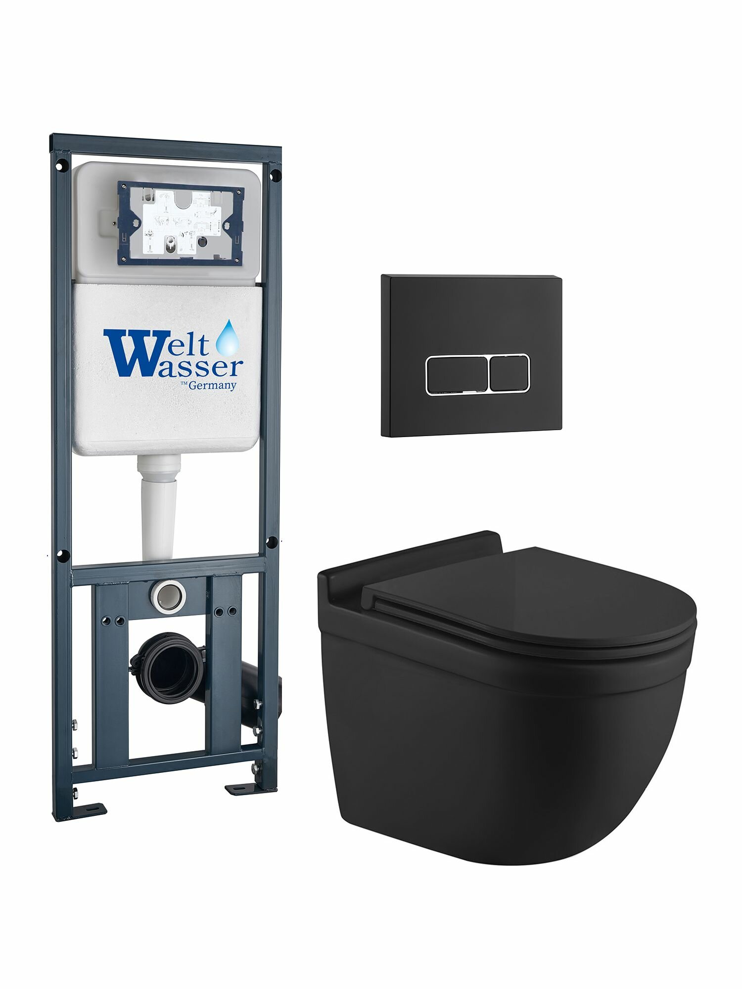 Комплект 6 в 1 WeltWasser: подвесной унитаз HEIMBACH 043 MT-BL черный матовый+кнопка смыва MAR 410 SE MT-BL черный+инсталляция MARBERG 410