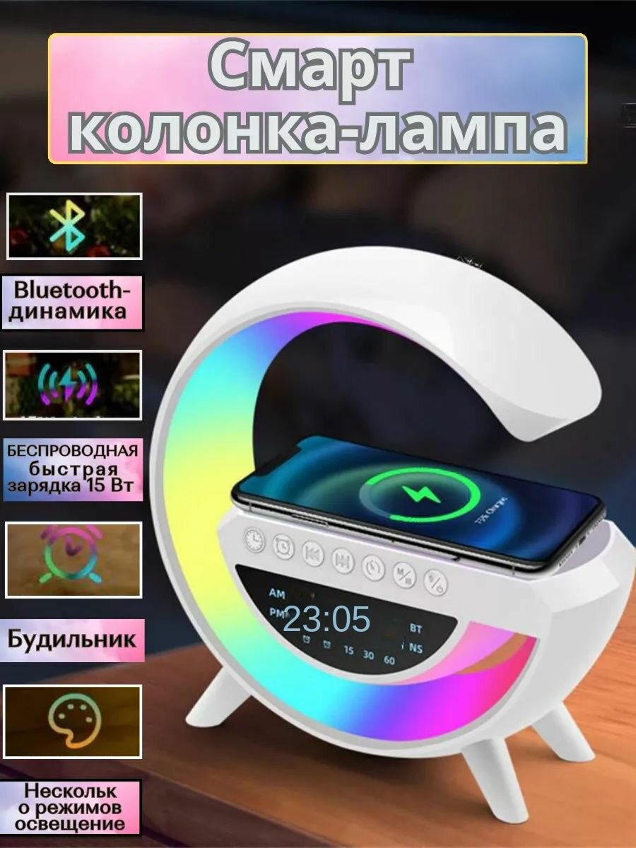 Беспроводная RGB смарт колонка-лампа 4 в 1/ Умный светильник, ночник, будильник, часы, стерео система, беспроводная зарядка для телефона·
