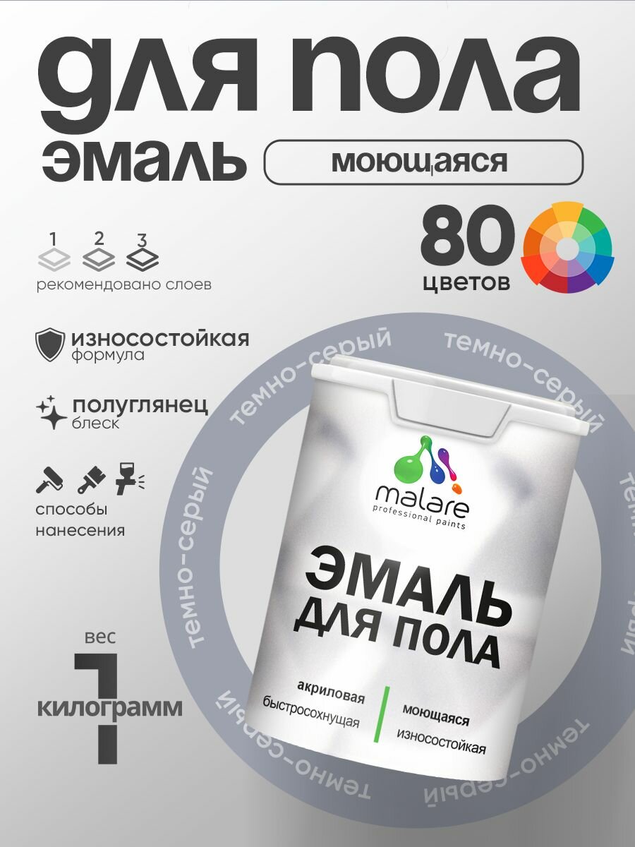Эмаль Malare для пола акриловая, экологичная без запаха, износостойкая, быстросохнущая, моющаяся, полуглянцевая, темно-серая, 1 кг