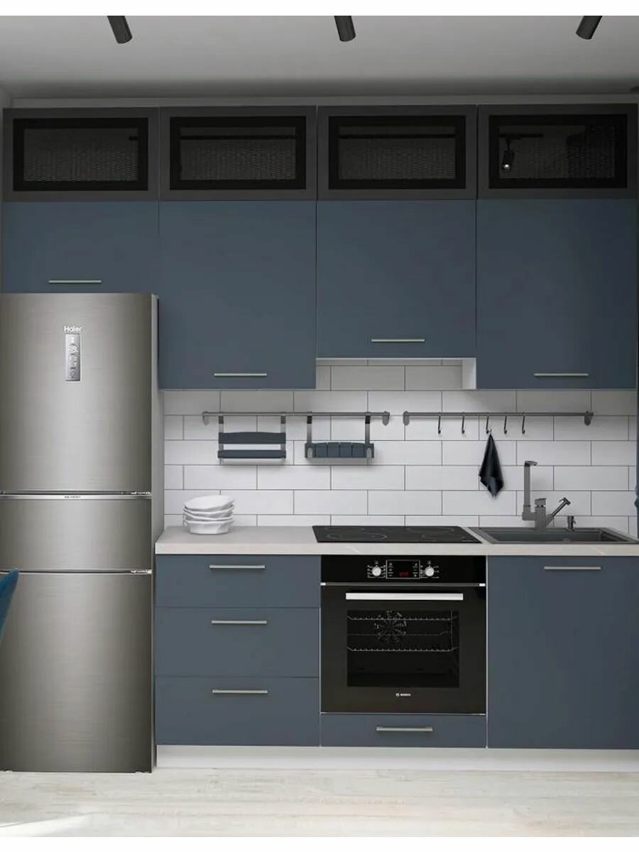 Кухонный гарнитур Тандем 2.4 м, мебель для дома и кухни, Белый / Черный матовый / Океания