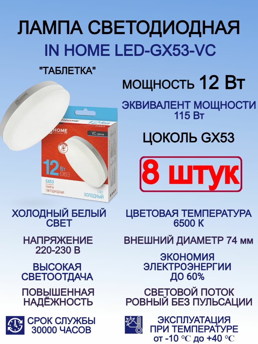 Светодиодная лампа InHome GX53 12 Вт. 6500K (8 шт.)