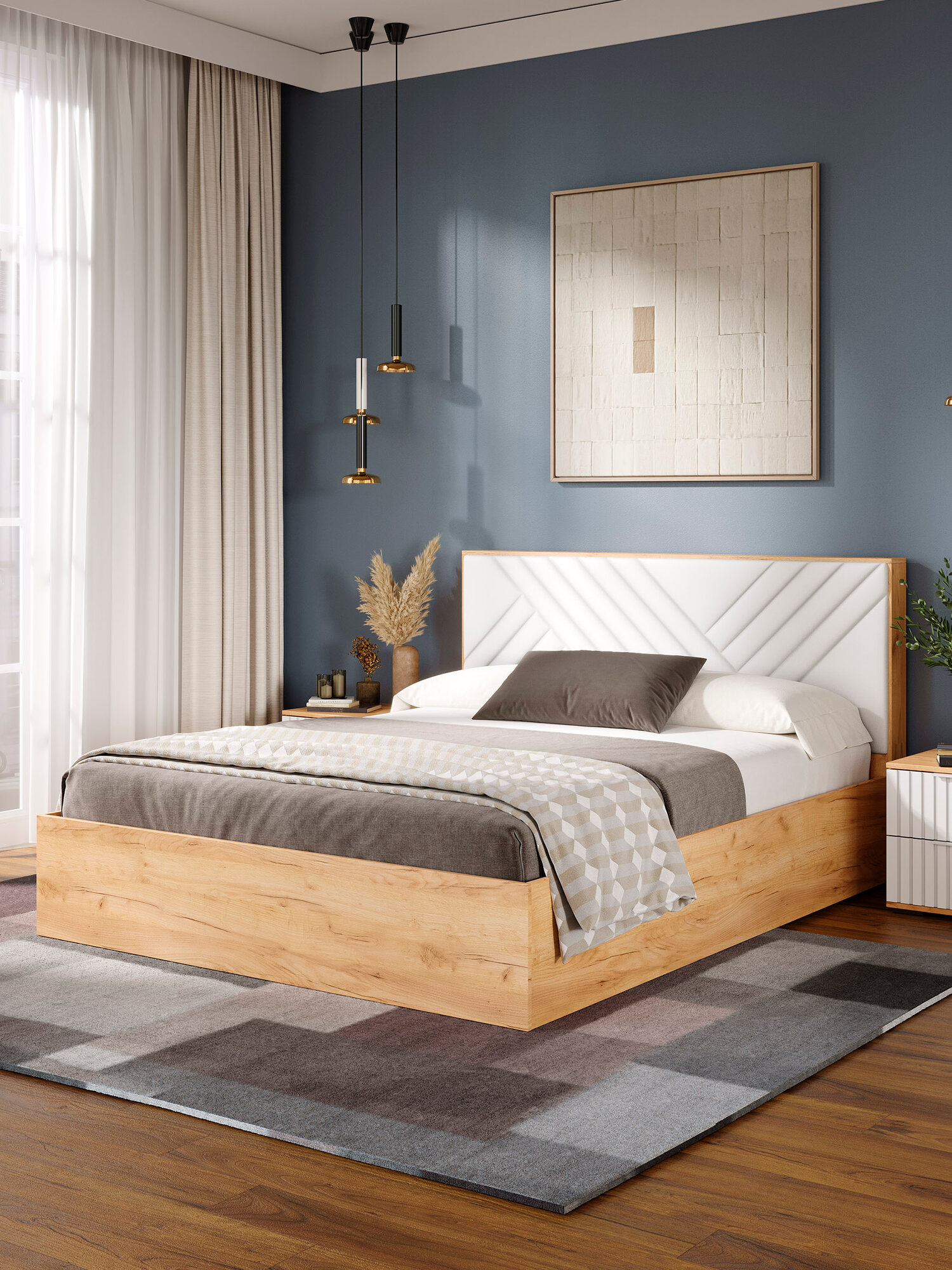 Кровать двуспальная 160х200 см, с ПМ Хилтон (Дуб крафт золотой/Белый)