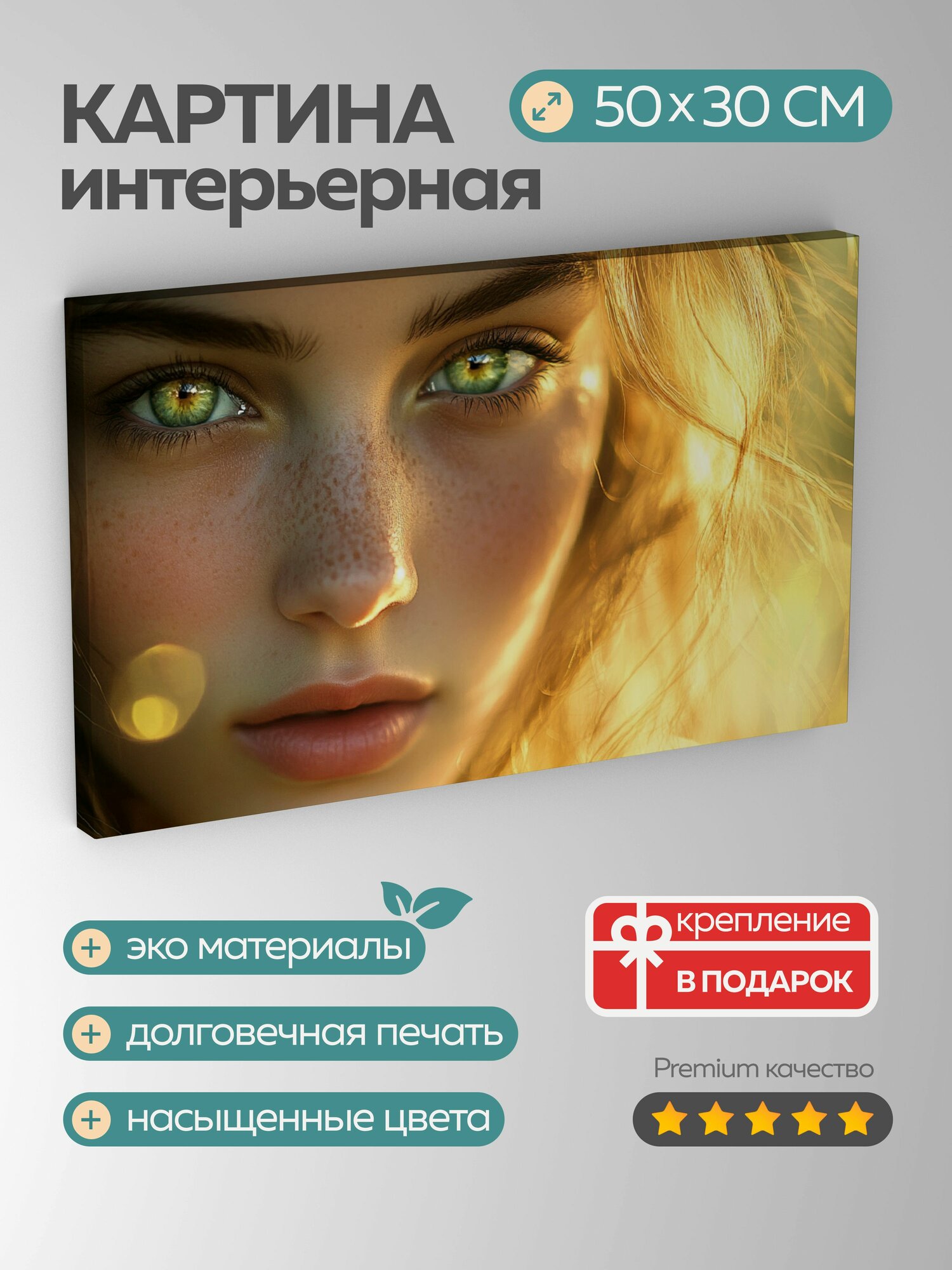 Картина на холсте интерьерная 50х30 см, Девушка, зеленые глаза, солнечный свет, интимность, природная красота, боке