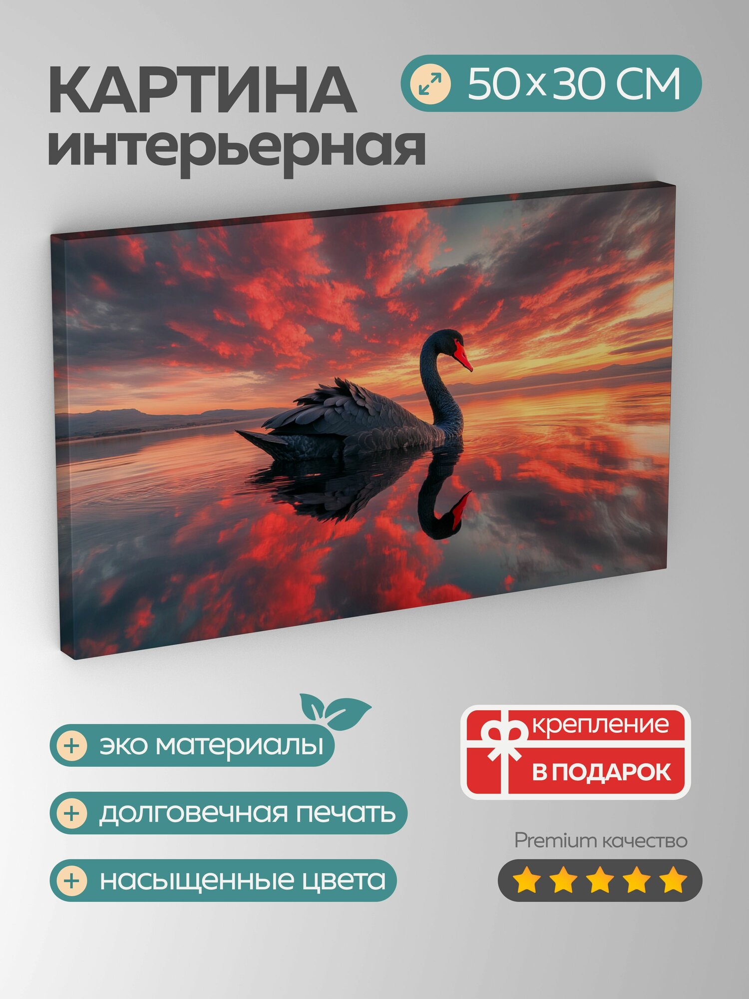 Картина на холсте интерьерная 50х30 см, Черный лебедь, озеро, закат, зеркальная вода, грация, краски, сияние, природа