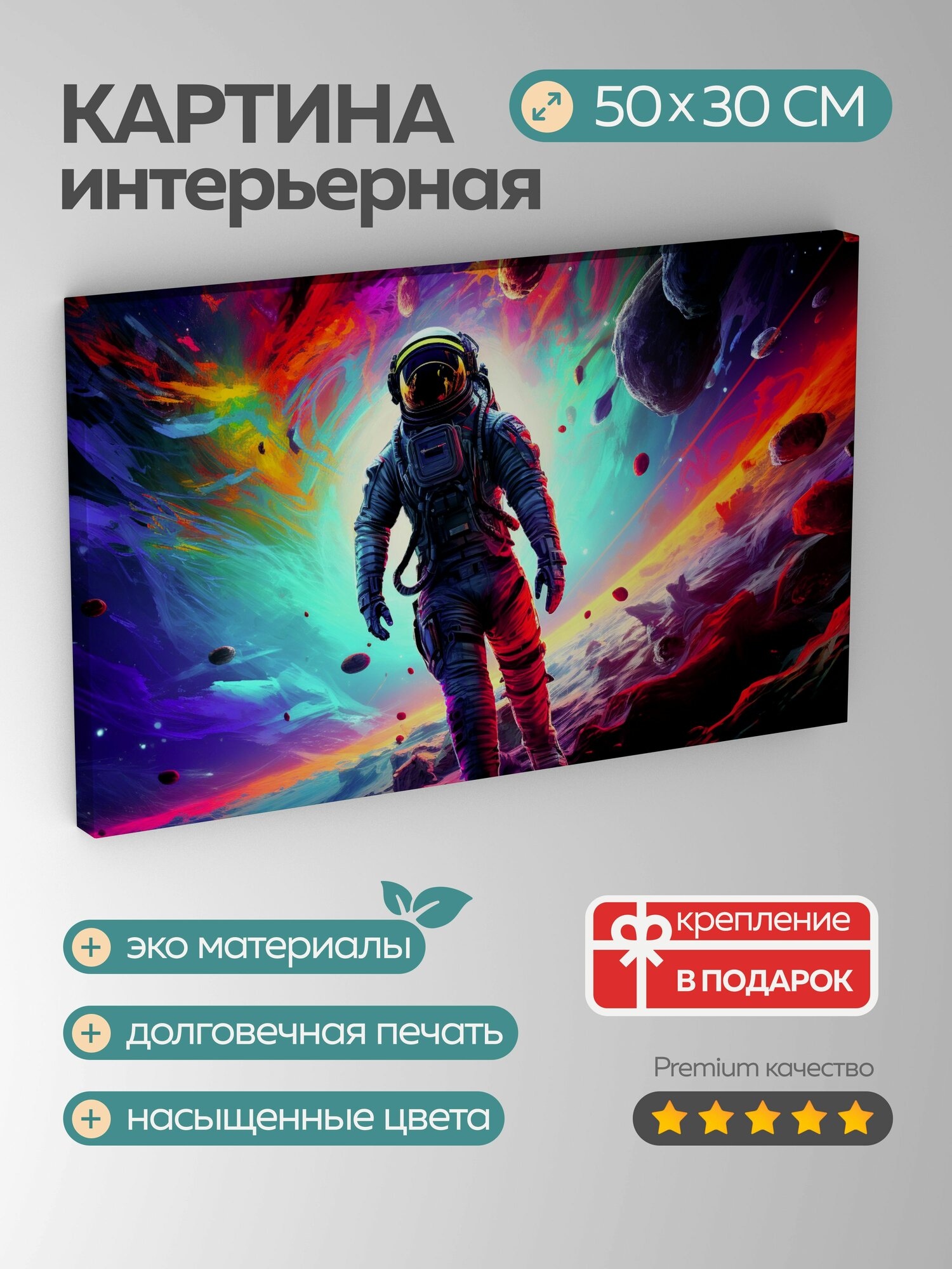 Картина на холсте интерьерная 50х30 см, эпическая, цифровая, картина, астронавт, бескрайние просторы, звезды, планеты