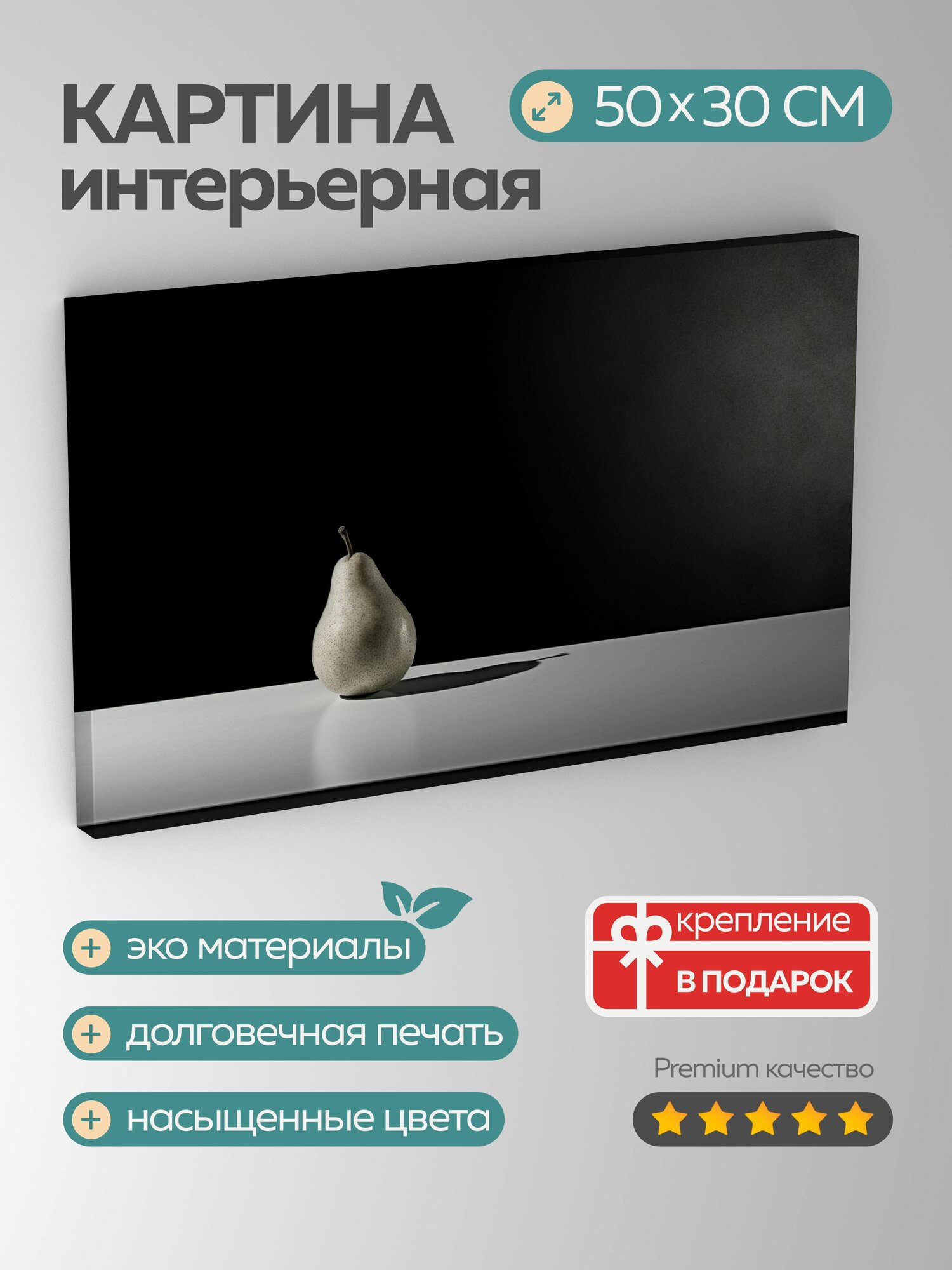 Картина на холсте интерьерная 50х30 см, груша, черно-белая фотография, минимализм, современная столешница, чистый фон