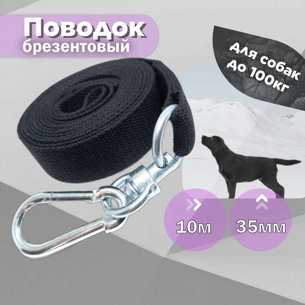 Поводок для крупных собак брезентовый 10 метров 35 мм (черный)
