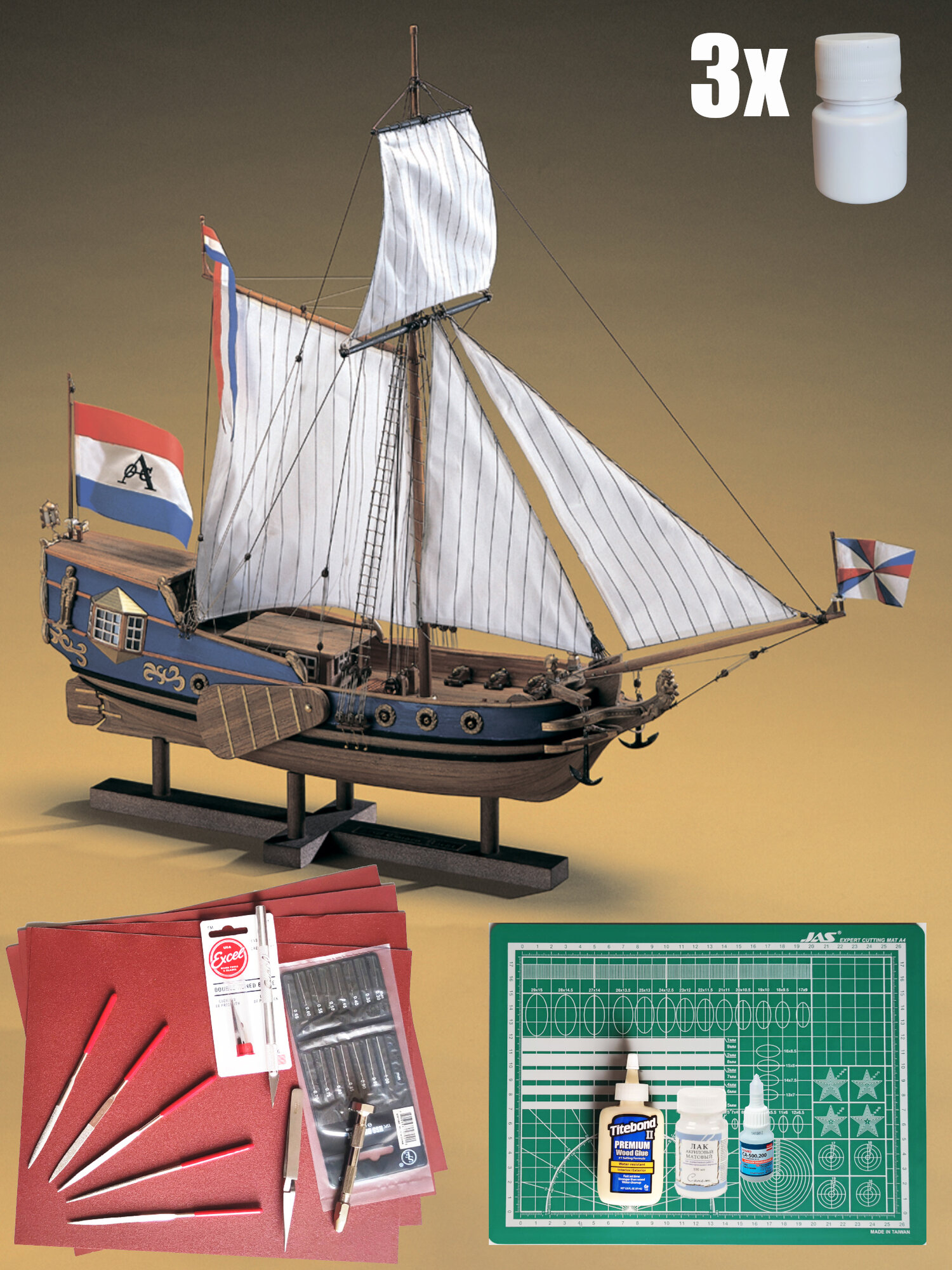 Сборная модель парусника от Woody Joe, бранденбургская яхта Golden Yacht, М.1:50, подарочный набор с инструментами и красками, лаком и клеями