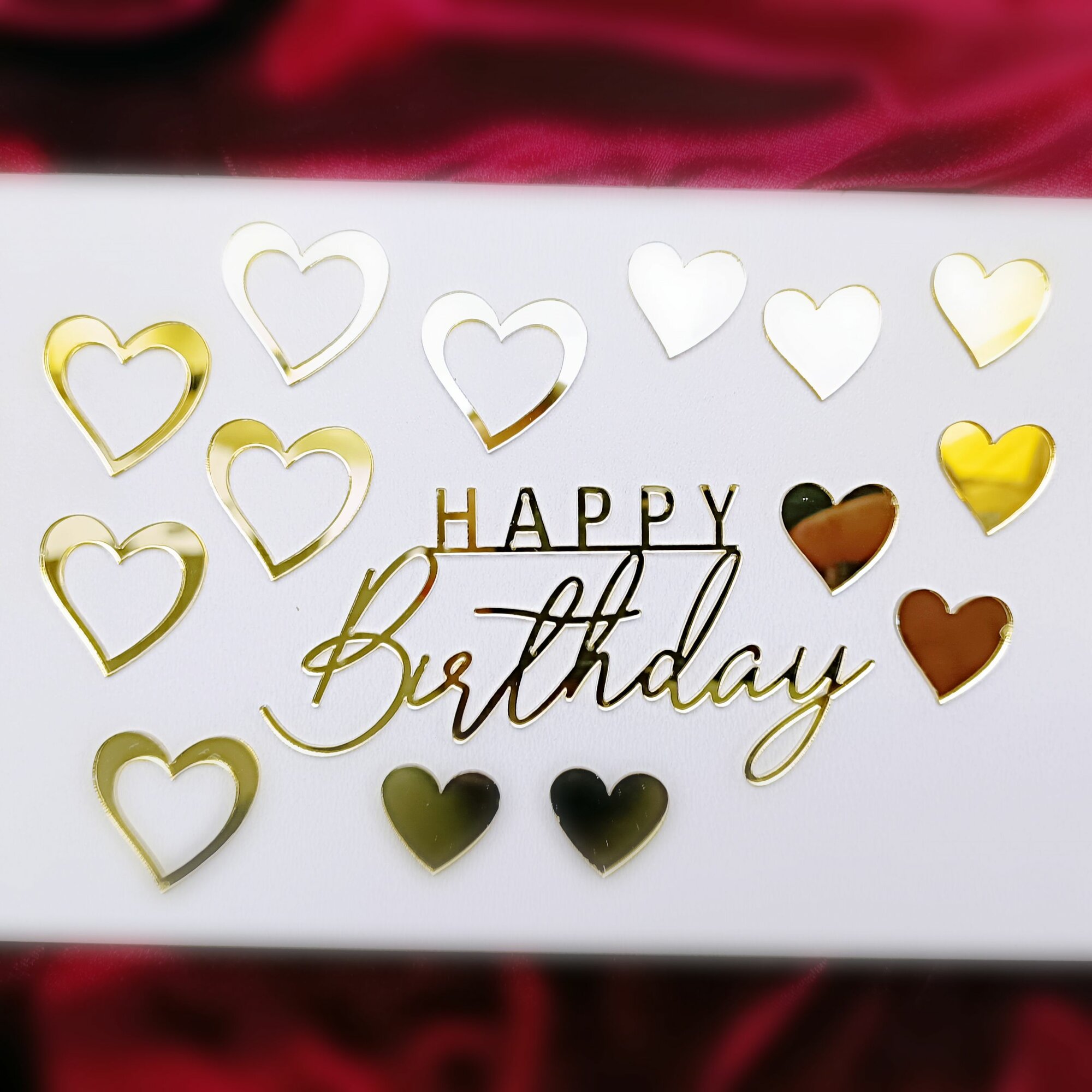 Топпер для торта; Happy Birthday 1шт + 15шт сердечек. Золотой зеркальный акрил.