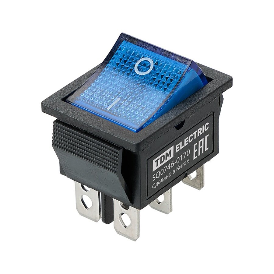 Выключатель клавишный KCD4-202N 250В AC/DC, 2P, 15А, (6с), ON-ON, черный корпус, синяя клавиша с LED подсветкой, TDM SQ0746-0170 (1 шт.)