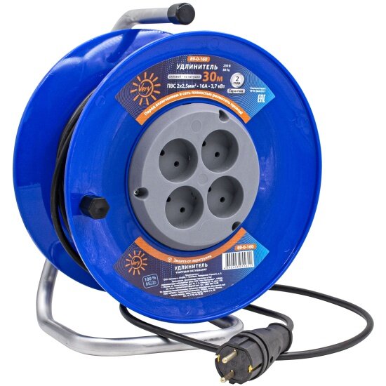 Very Силовой удлинитель на катушке 4 розетки, ПВС 2x2,5мм, 16А, 3,7кВт, без заземления, 30м, (шт.) 89-0-160