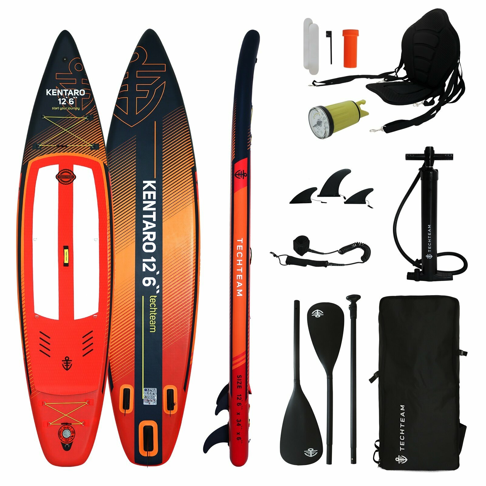 Сапборд TechTeam Kentaro 12.6, 380x87x15см, сидение, насос, рюкзак - Red/Black