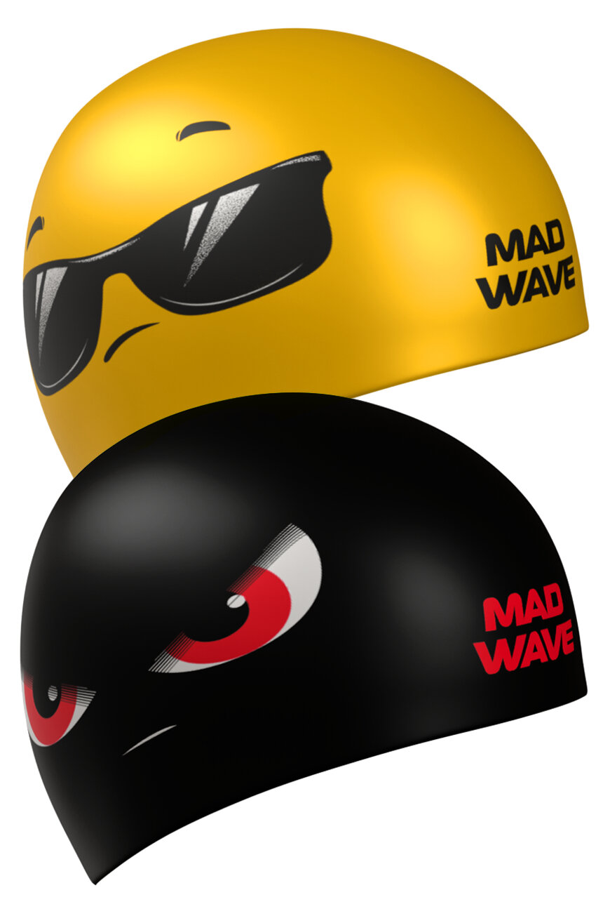 Силиконовая двухсторонняя шапочка MAD WAVE Reverse Eyes, универсальная, цвет желтый/черный с рисунком