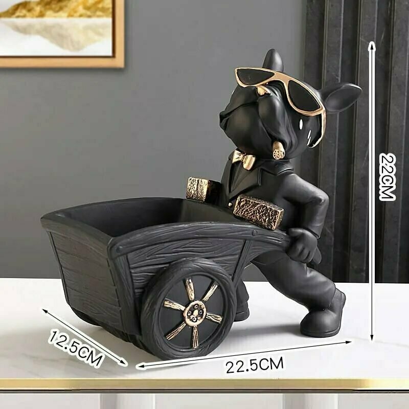 Статуэтка интерьерная французский бульдог с тачкой в современном стиле, декоративная подставка для мелочей, конфетница, собака с подносом,22, черный