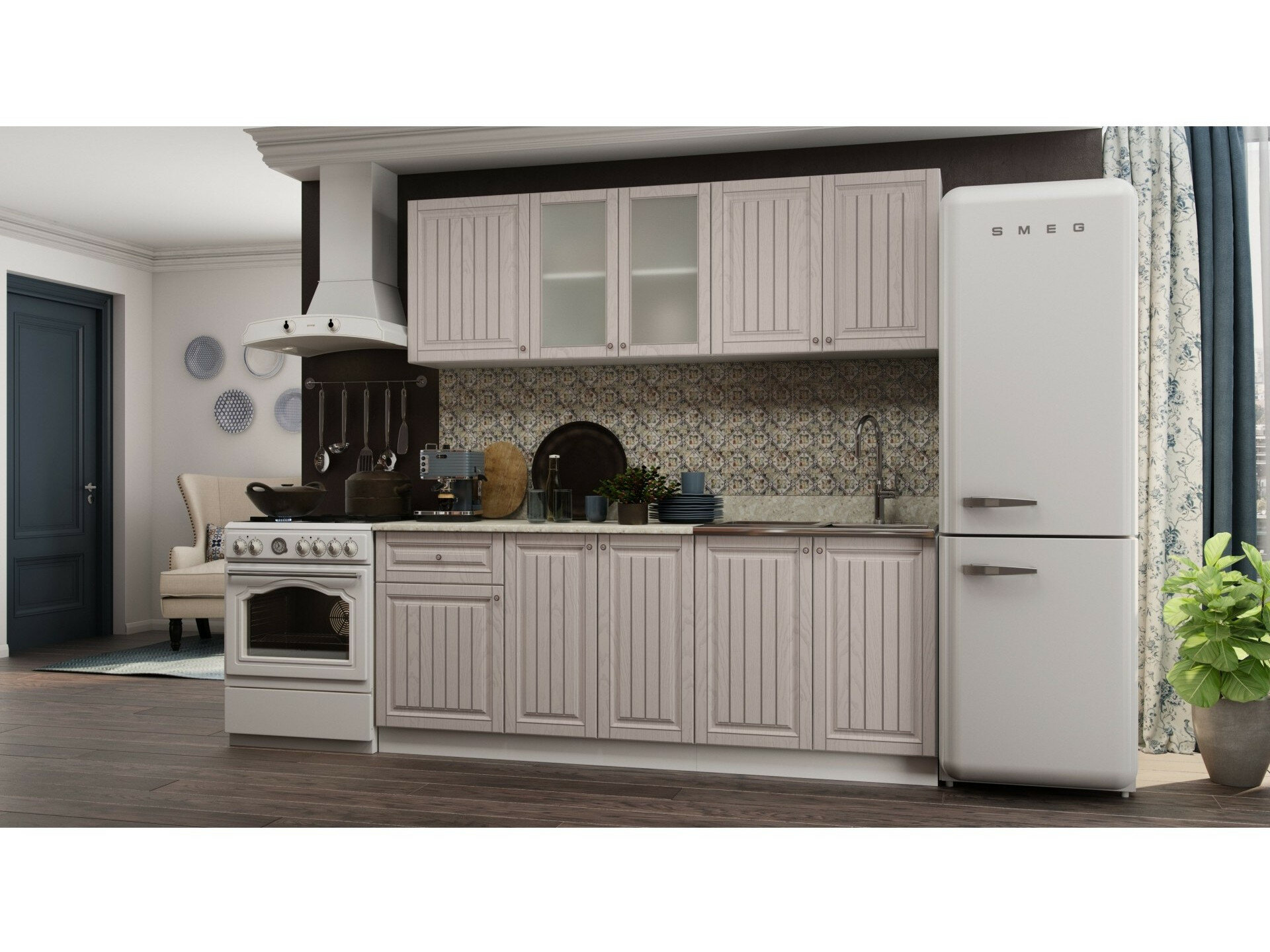 Кухонный гарнитур 2000 в современном стиле, с МДФ фасадами, Мускат/Белый