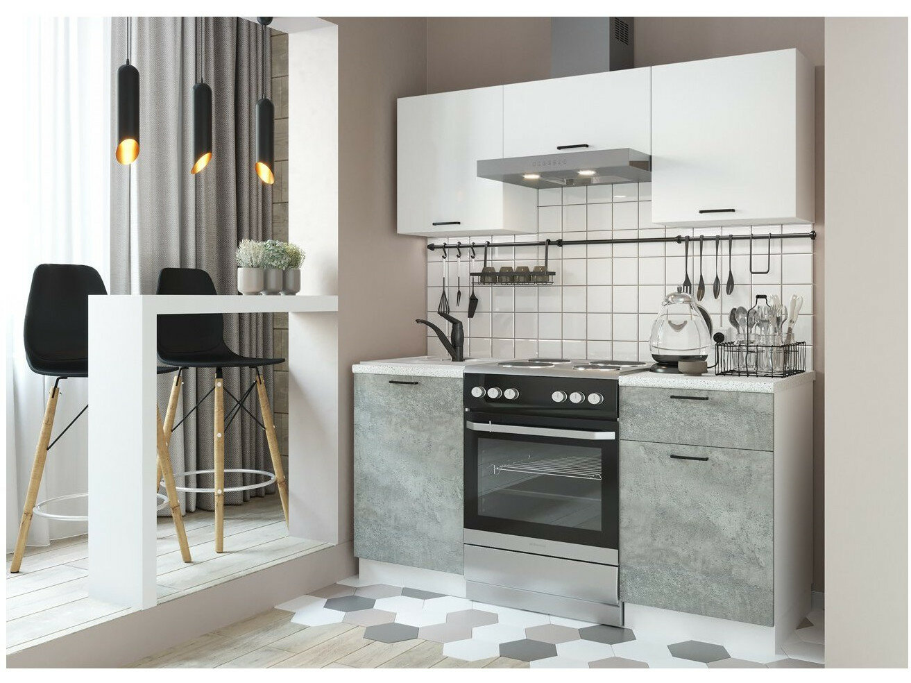 Современный кухонный гарнитур 1,6м, из ЛДСП, белый бриллиант/цемент/белый