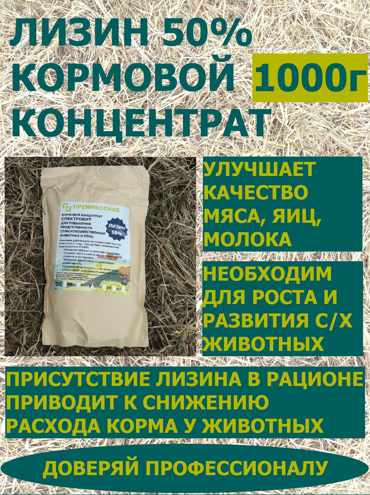 Лизин 50% кормовой концентрат для повышения продуктивности с/х животных и птиц ПремиксСнаб 1000г