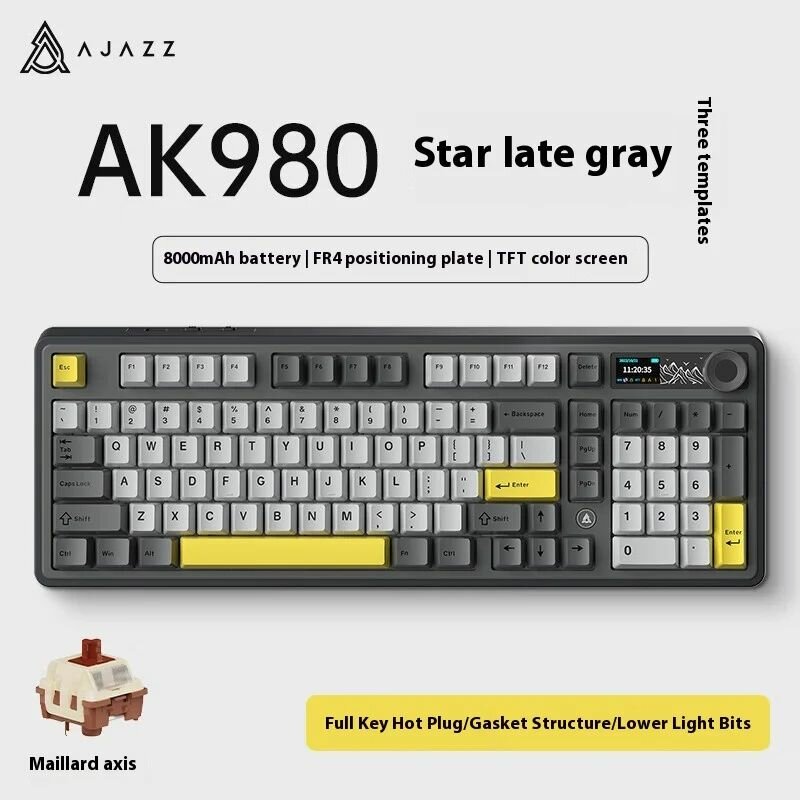AJAZZ AK980 Механическая клавиатура трехрежимная, беспроводная игровая с экраном, 2.4g/Bluetooth/проводное подключение