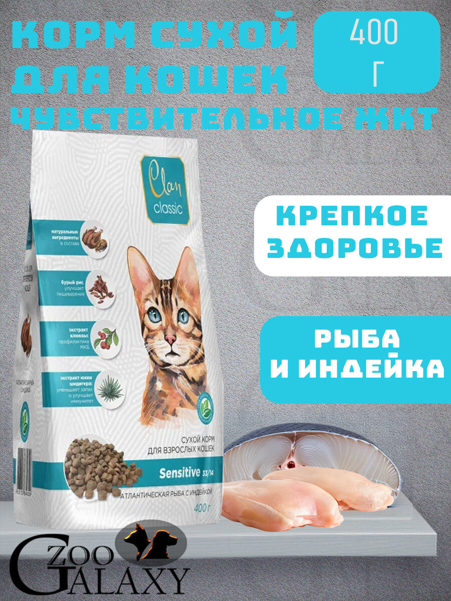 CLAN Корм для кошек чувствительное жкт рыба и индейка 0,4 кг