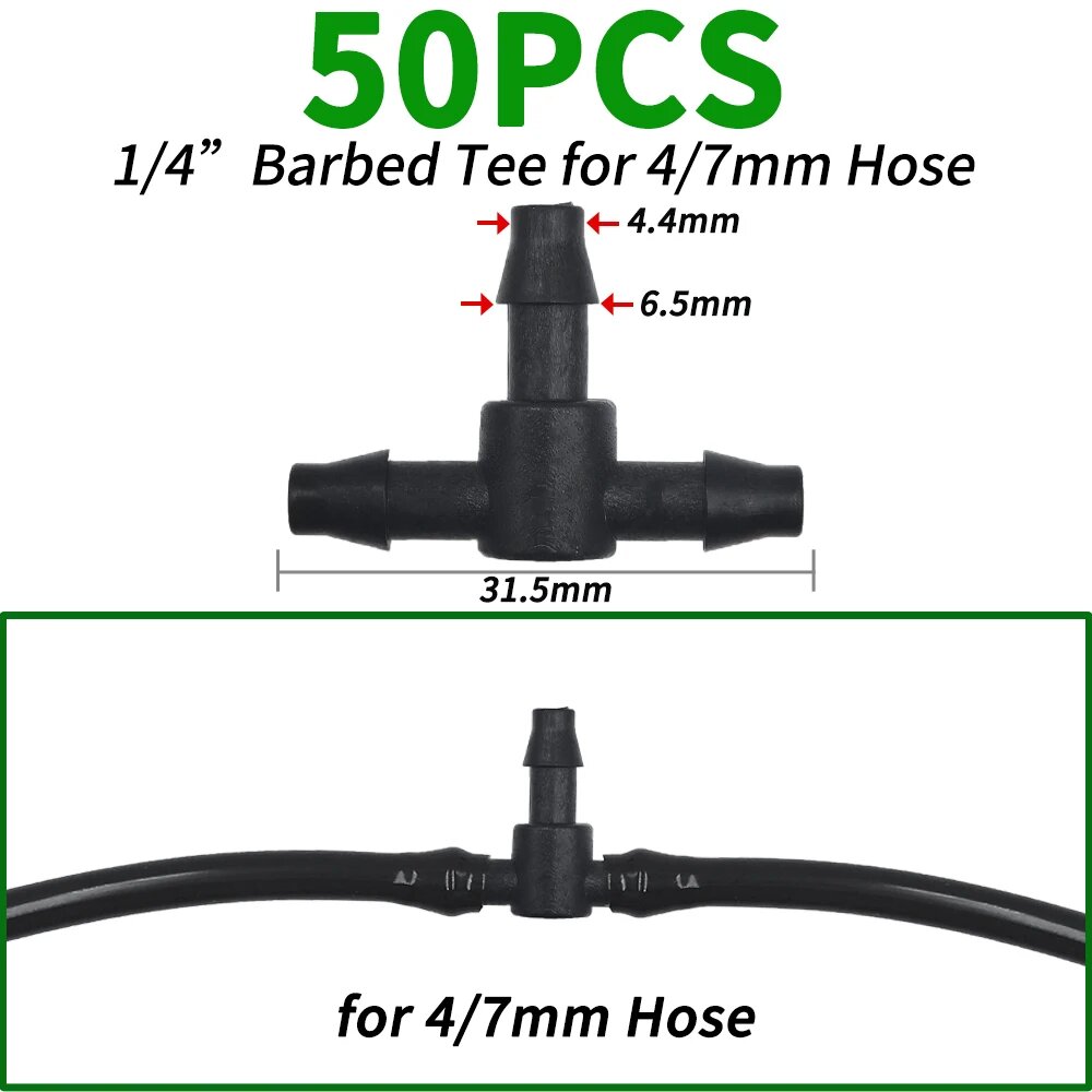50шт. Черный Тройник 1/4" для шланга 4/7 мм