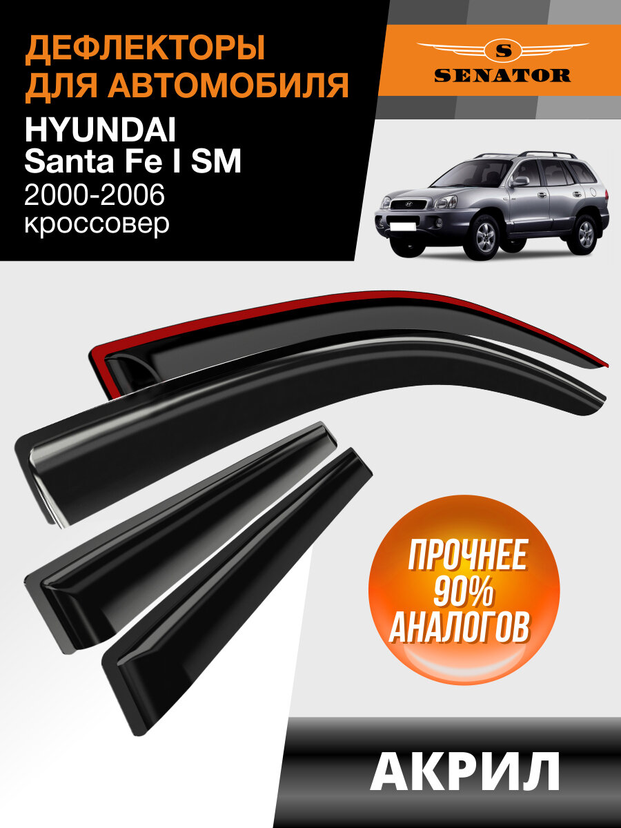 Дефлекторы окон Senator для Hyundai Santa Fe 1 SM (2000-2006 г. в.). Накладные ветровики на Хендай Санта Фе 1 SM, акрил, 4 шт