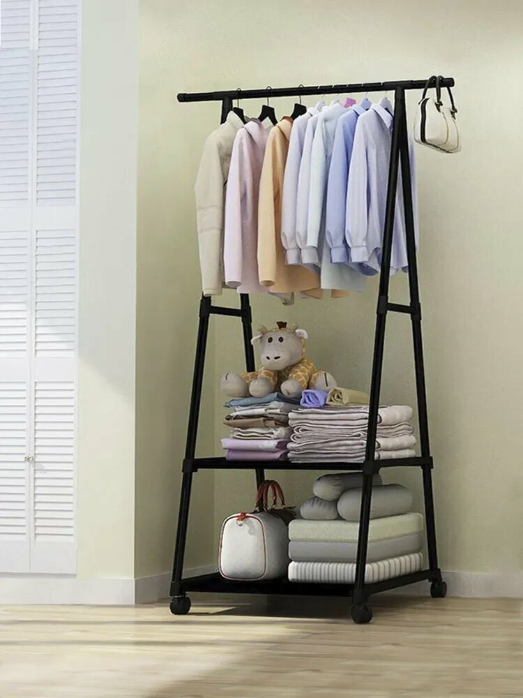 Напольная вешалка HW47881, металлическая, складная, на колесах, черная