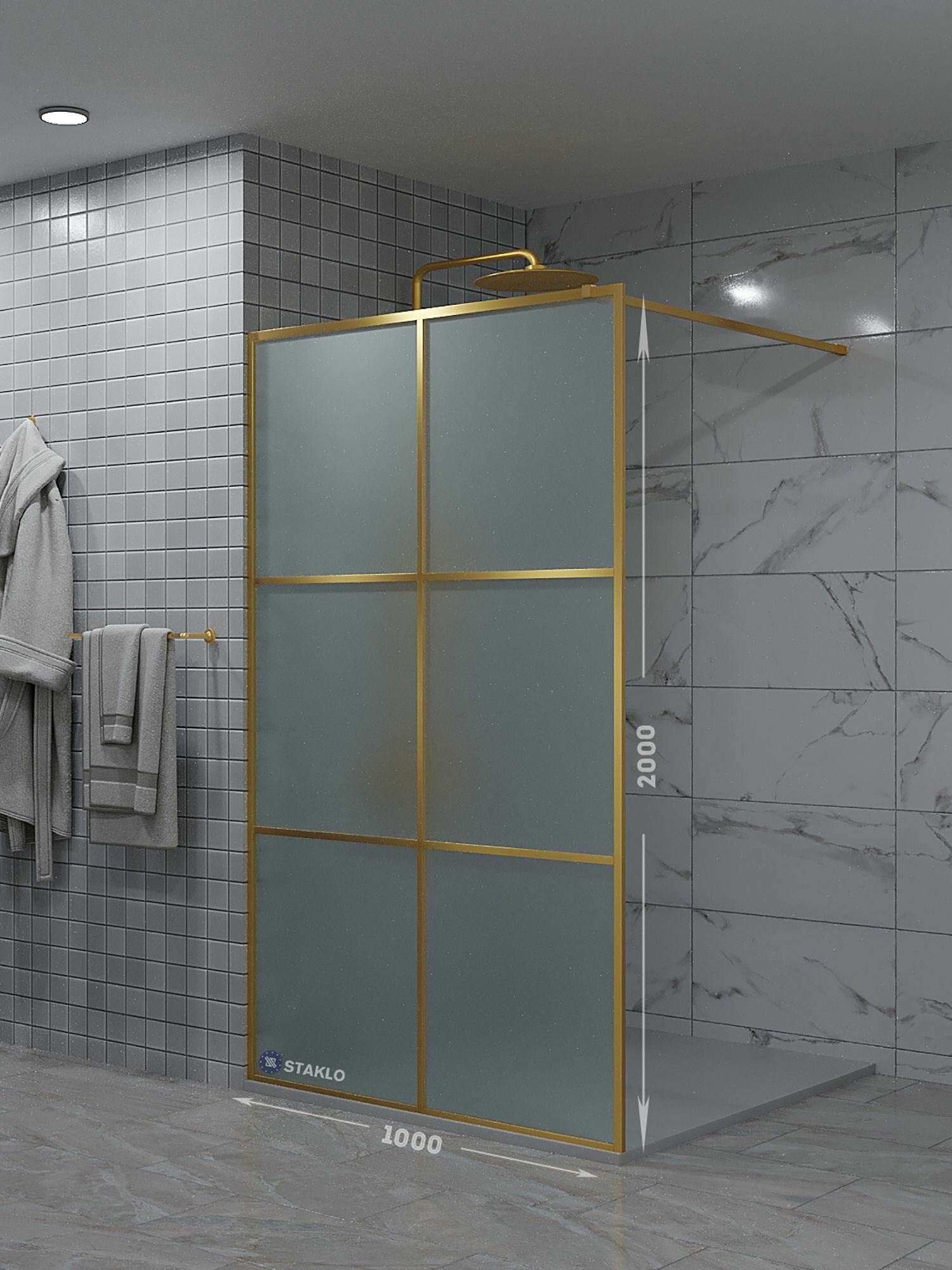 Loft душевая одиночная перегородка staklo 100x200 из матового обычного стекла золото фурнитура