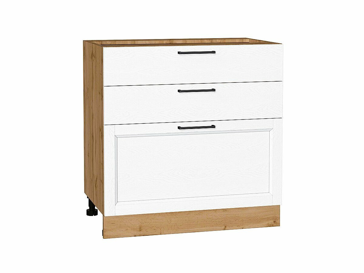 Шкаф нижний с 3-мя ящиками Сканди, цвет фасада White Silkwood, цвет каркаса Дуб Вотан, 816*800*480 мм