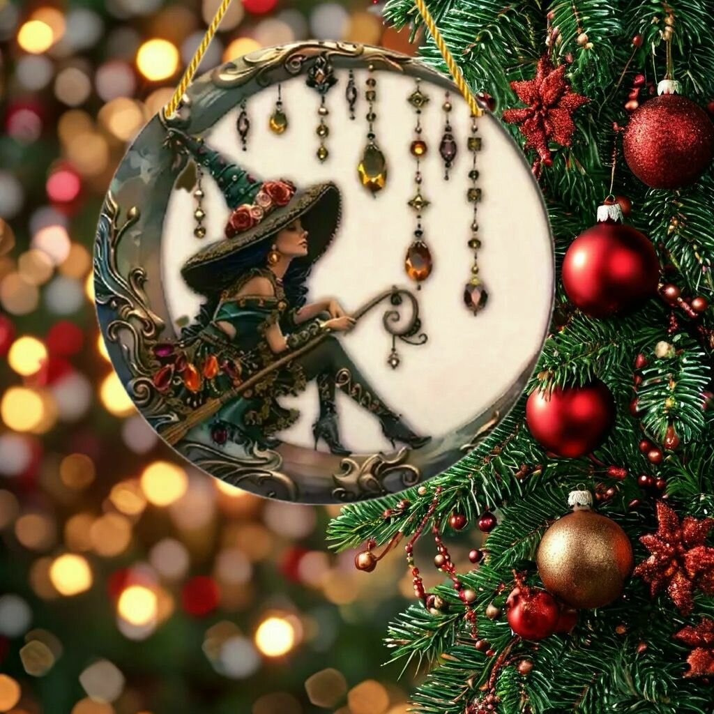 Елочная игрушка акриловая подвеска Ведьма на месяце диаметр 15 см подвеска на стену или на дверь