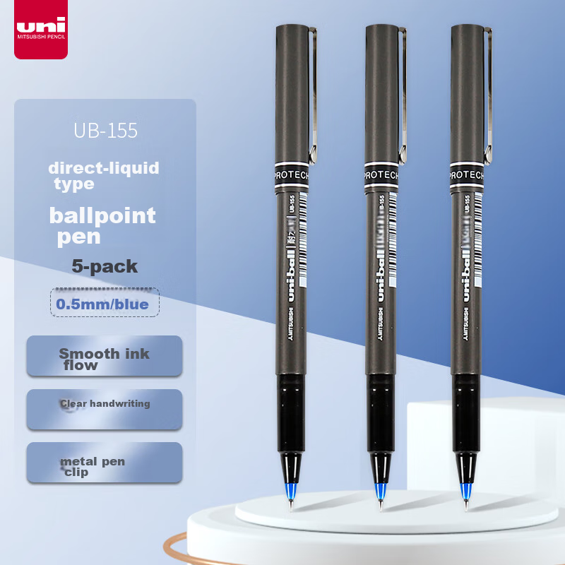 Uni Mitsubishi Uni-ball EYE Blue Gel Pen, Stylish 0.5mm Blue Pen, Signature Pen, Business Direct Liquid Pen, Student Pen, Water-Based Pen Set, UB-155, 5 Pens