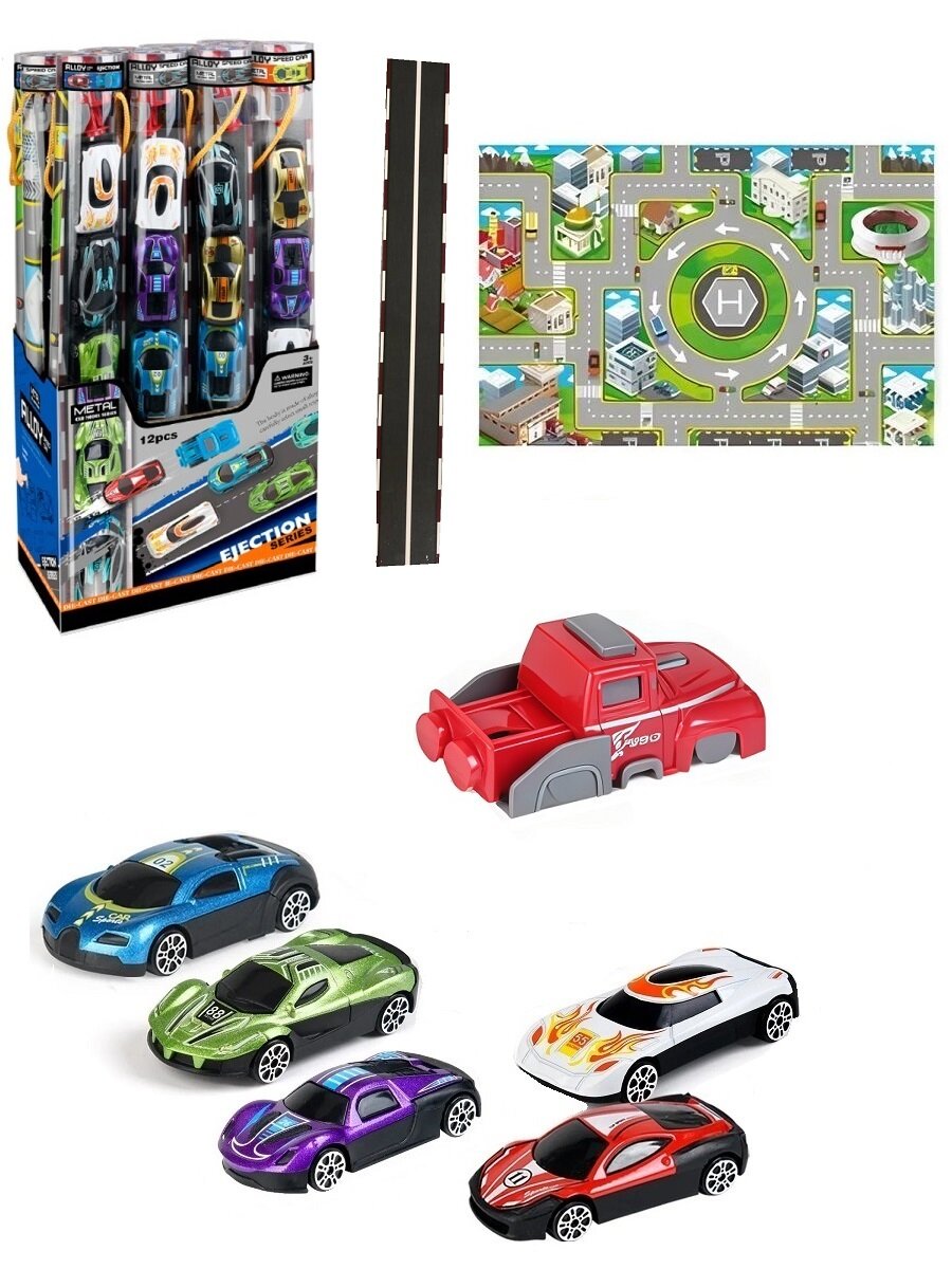 Игровой набор - 5 металлических машин, коврик 77х53 см, катапульта, трамплин