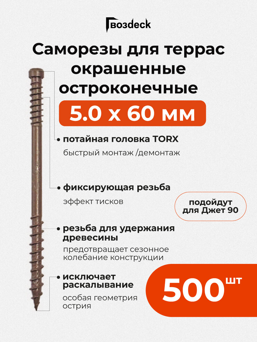 Саморез Gwozdeck для Террасной доски Потайной 5,0*60 Окрашенный Остроконечный Torx15 Упак. 500 шт, подходит для джет 90