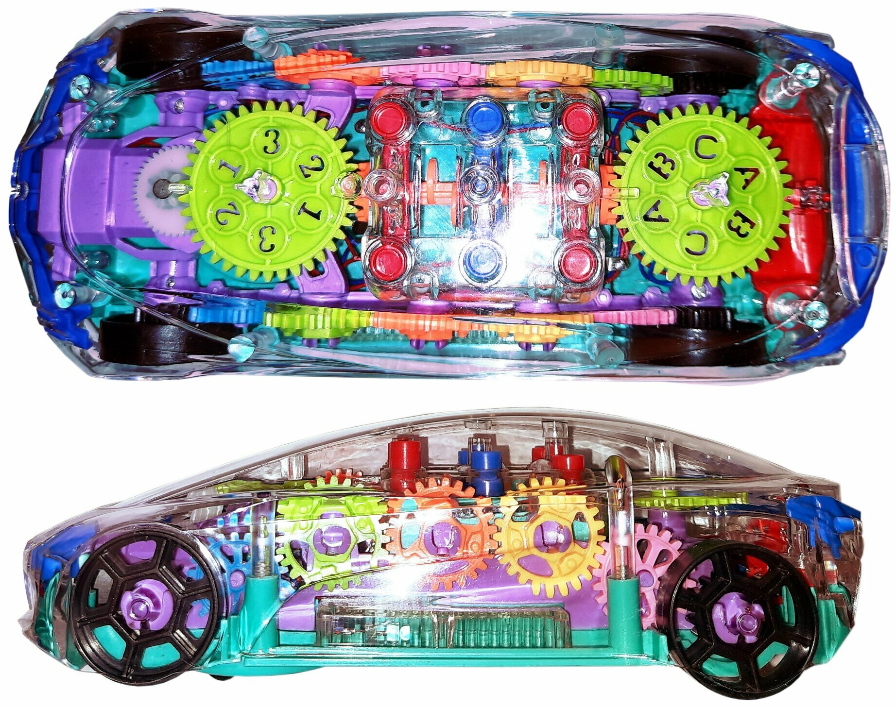 Прозрачная машинка "Шестеренки" При движениии объезжает препятствия. Cветовые, звуковые и музыкальные эффекты.