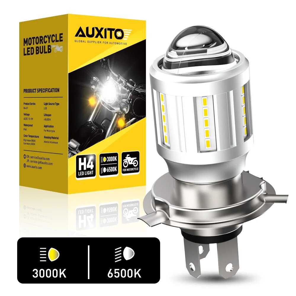 AUXITO 1 шт. лампа светодиодная H4 для мотоциклов, фары дальнего света 3200 К, желтый ближний свет 6500 К, белый H4, лампа для мотоцикла 12 В, лампа для мотоциклов
