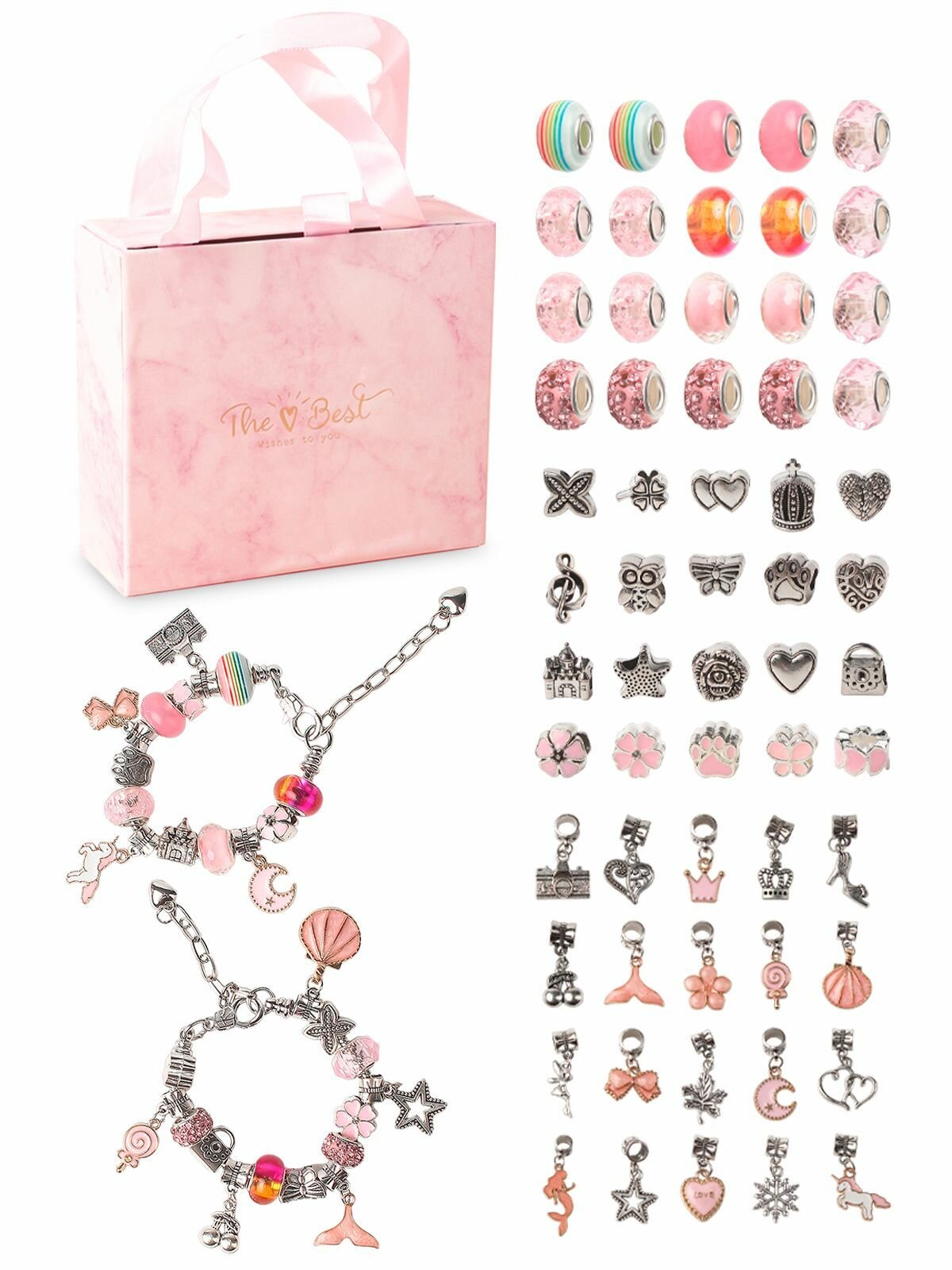 Детский подарочный набор для создания браслетов с шармами "Розовый" - 66 предметов для девочек, браслет на день рождения, подарок для творчества, детская бижутерия, украшения