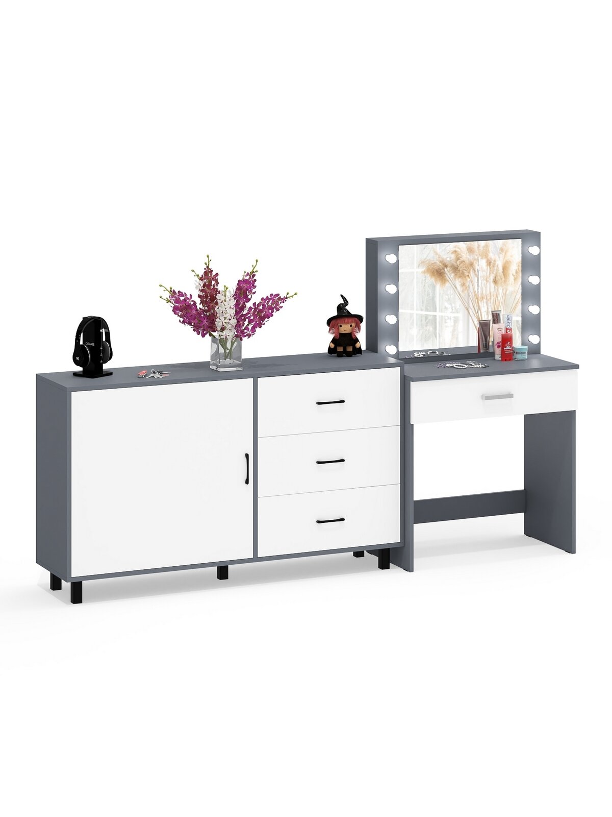 Комод ящики и дверка 122-1504 и туалетный столик с подсветкой СТ-4, графит/белый, 230,8х45х135 см.