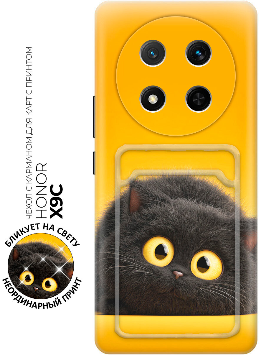 Силиконовый чехол на Honor X9C / X60 Pro с принтом "Чёрный кот на солнечном фоне" с карманом для карты